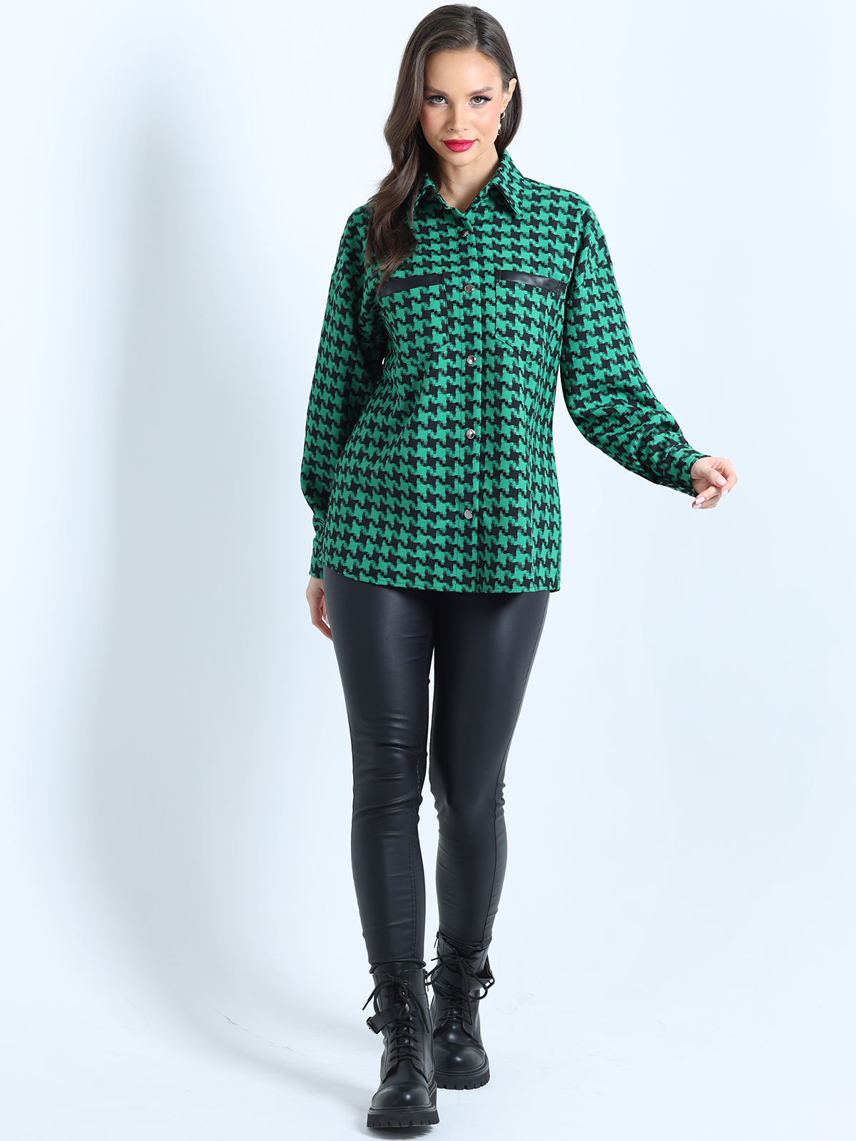 Купить Рубашка зеленая с принтом гусиная лапка по цене: 2 090 ₽ арт. Р-0122-0457 - DStrend