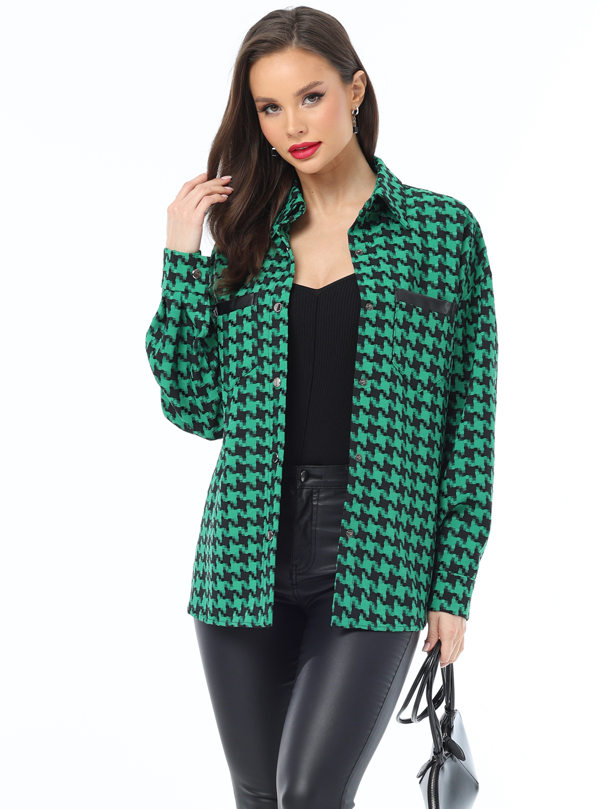 Купить Рубашка зеленая с принтом гусиная лапка по цене: 2 090 ₽ арт. Р-0122-0457 - DStrend