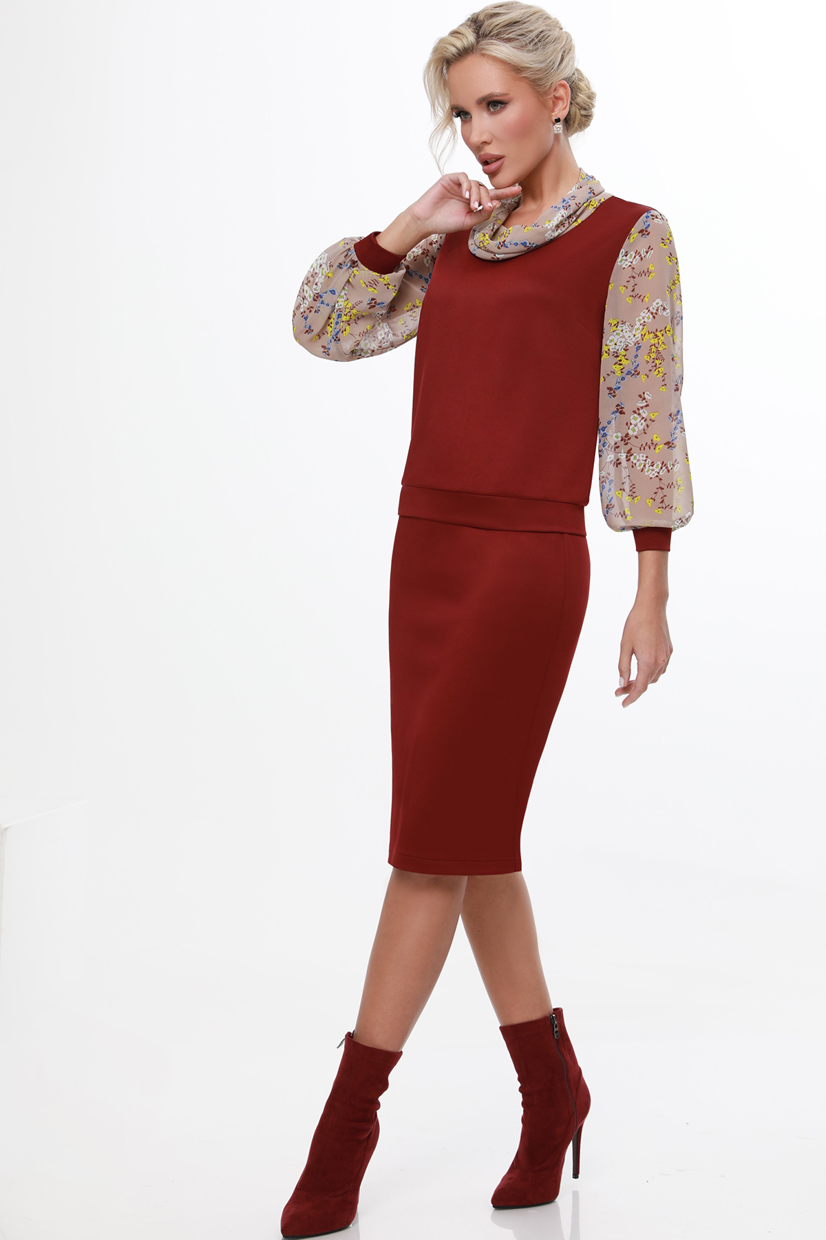 Купить Костюм с юбкой бордового цвета по цене: 1 350 ₽ арт. К-0923-0191 ...