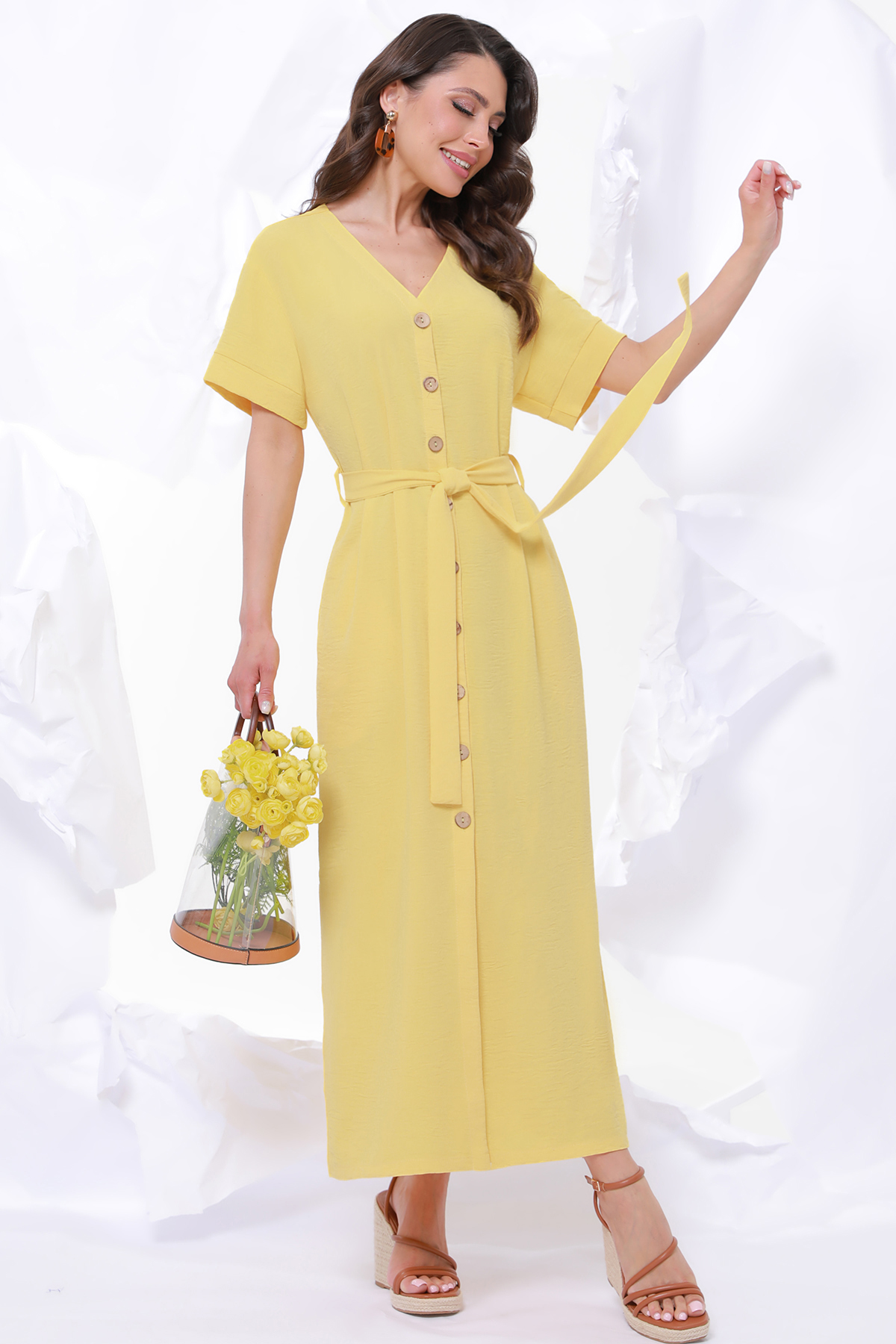 Купить Платье-рубашка желтое с поясом по цене: 1 300 ₽ арт. П-3956-0081-05 - DStrend